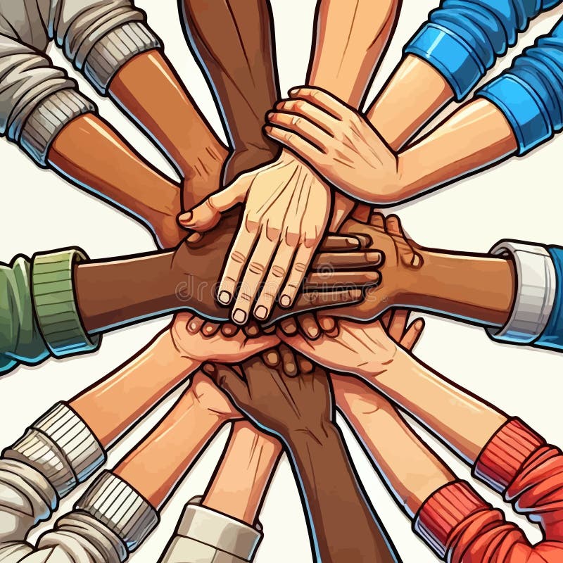 Vector Illustration of Diverse Hands Stacked Together in Symbol of ...