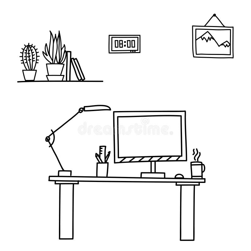 Desk With A Computer Or Workplace In Office Drawn By Hand Doodle Style ...