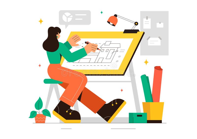 Vector Illustration of a Drafting Engineer or Architect Working on a ...