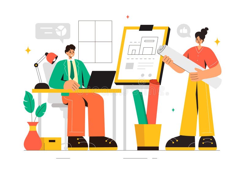 Vector Illustration of a Drafting Engineer or Architect Working on a ...