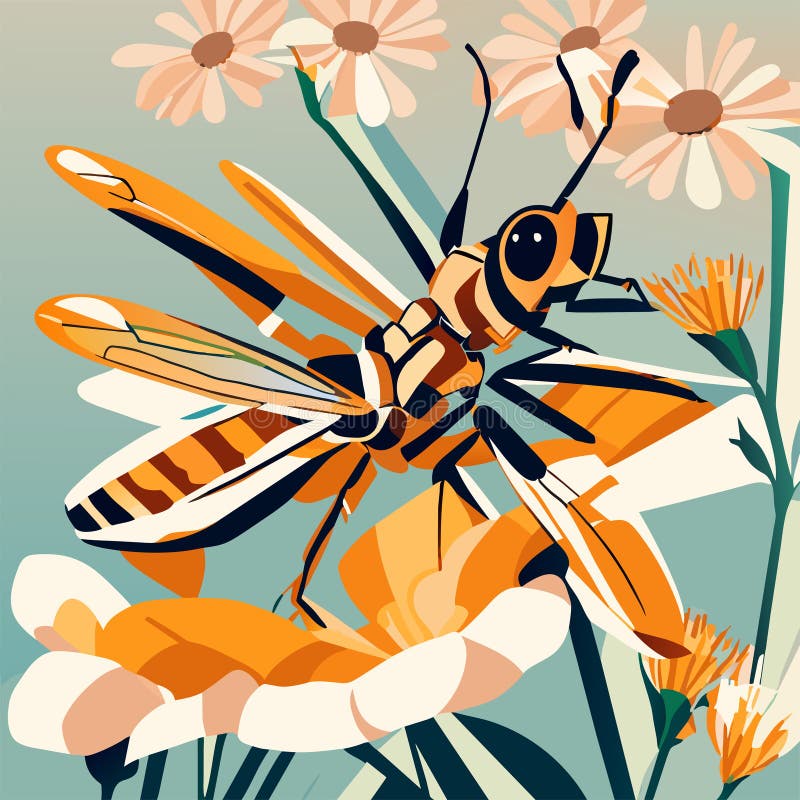 Vector Illustration of a Dragonfly on a Daisy Flower in the Garden ...