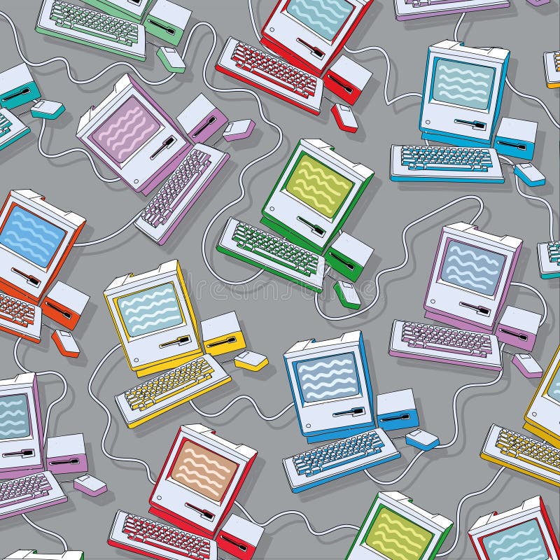 Vector Illustration with Drawing of Old Computers with Keyboard. Stock ...