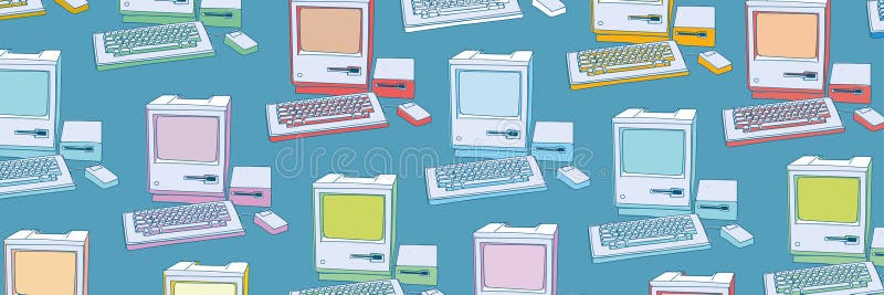 Vector Illustration with Drawing of Old Computers with Keyboard. Stock ...