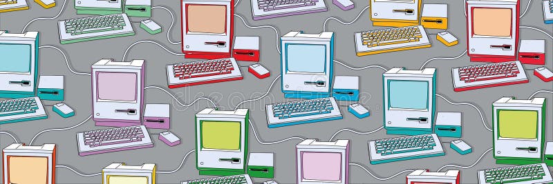 Vector Illustration with Drawing of Old Computers with Keyboard. Stock ...