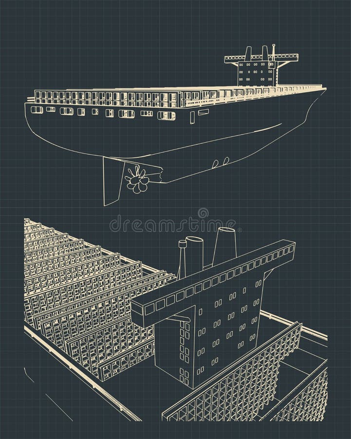 Blueprint Of Cargo Ship. Top, Side And Front View. Container Transport ...