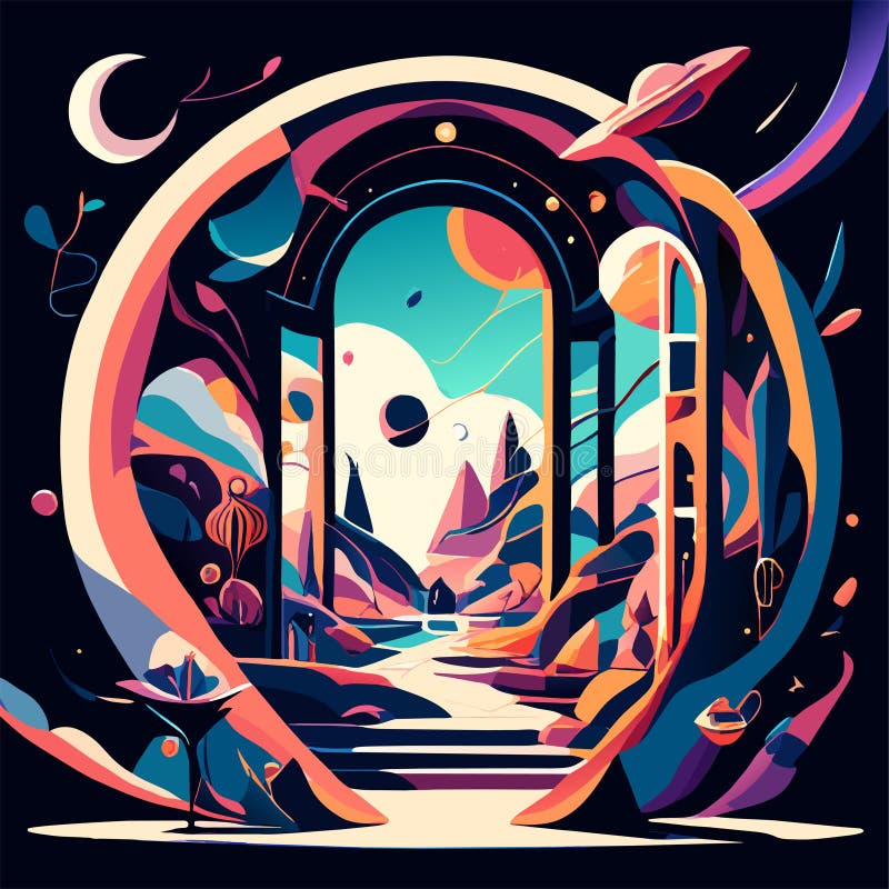 Vector Illustration of a Dreamy Landscape with the Sun, Mountains, Moon ...