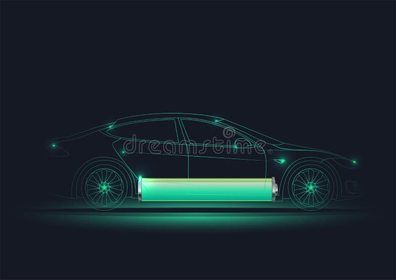 Vector Illustration of the Electric Car Lined Silhouette with Battery ...