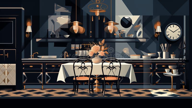 Vector Illustration of an Elegant Kitchen with an Art Deco-inspired ...