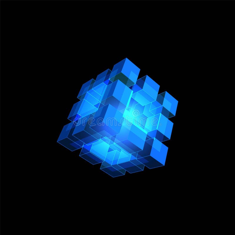 Vector Illustration of Energy Glowing Cube with Small Blocks. Stock ...
