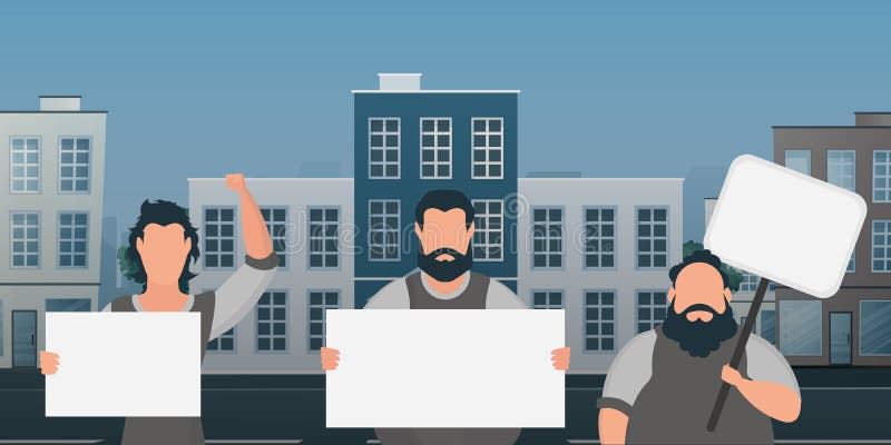 A Crowd of Guys with Banners are Protesting. Prosky Style. Vector ...