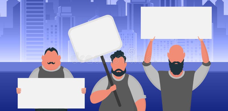 A Crowd of Guys with Banners in Their Hands are Protesting. Cartoon ...
