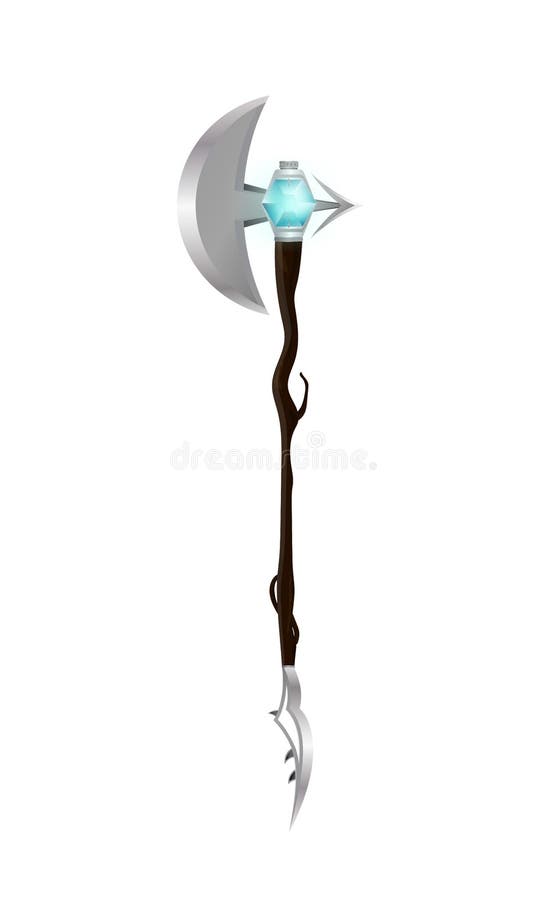 Magic Ax or Walking Stick with Crystal in Cartoon Style. Vector ...