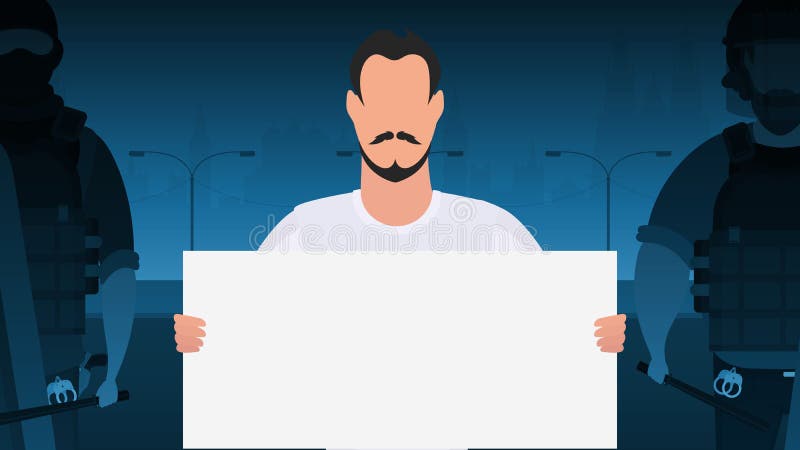 A Man with a White Empty Banner in His Hands. Protest Concept. Vector ...
