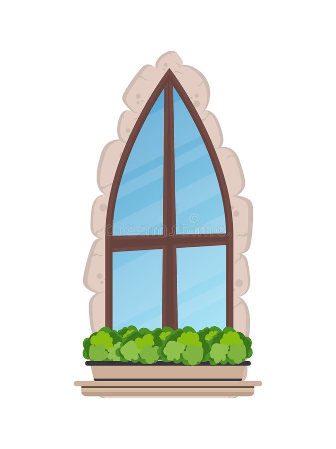 Old Window with Flowers and Stone Cladding. Cartoon Style. Vector Stock ...