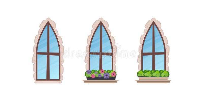 Set of Old Windows with Flowers and Stone Cladding. Cartoon Style ...