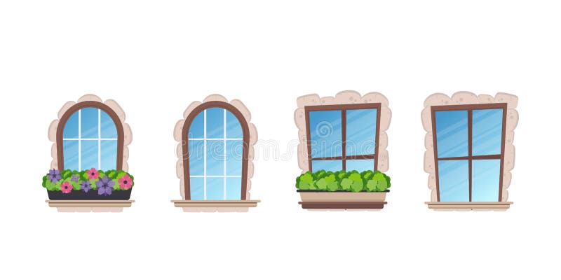 Set of Windows in Cartoon Style. Stone Cladding. for the Design of ...