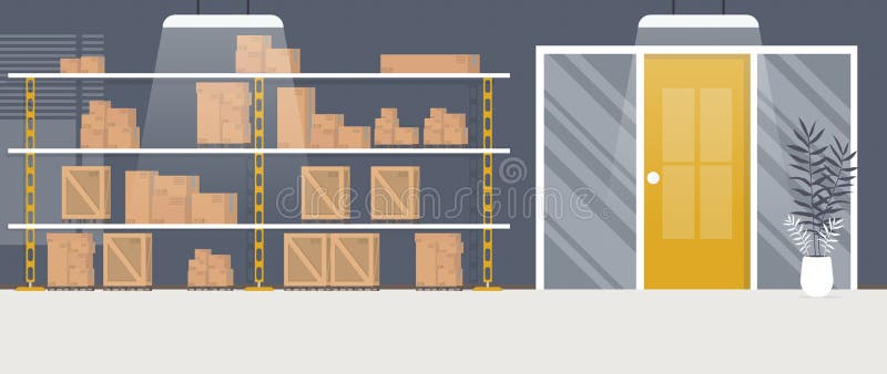 Warehouse with Racks and Boxes. Large Warehouse. Cartoon Style. Vector ...