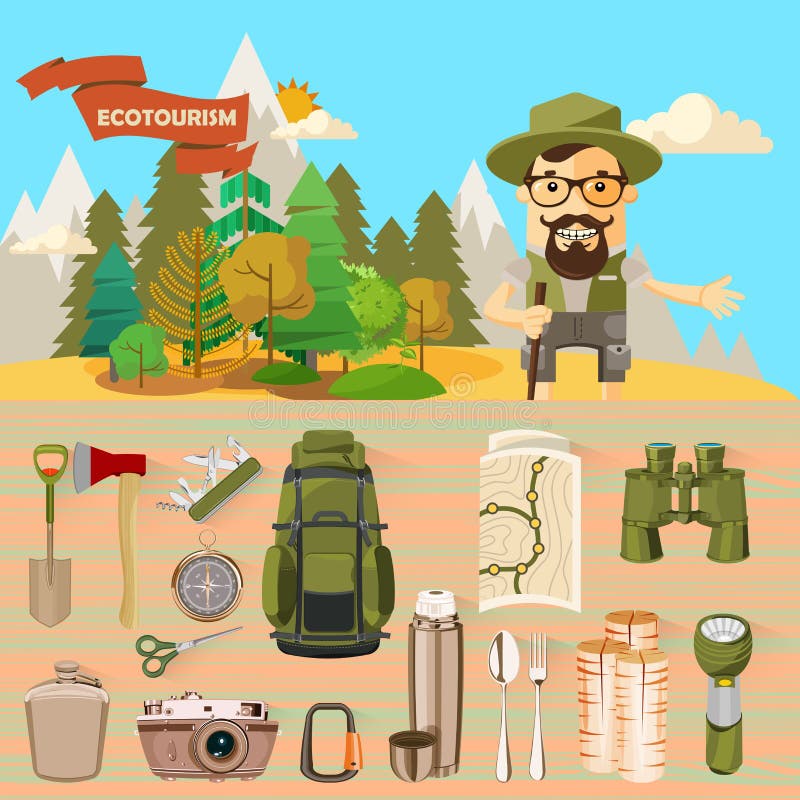 Vector Illustration with Equipments for Hiking and Hiker. Stock Vector ...