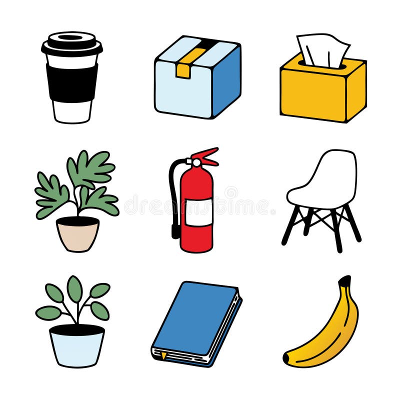 Vector Illustration of Everyday Objects Coffee Cup Box and Fire ...