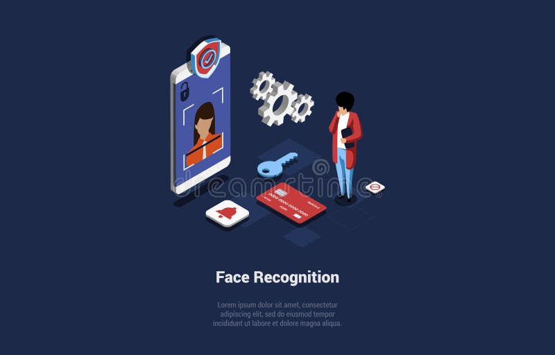 Vector Illustration on Face Recognition Program Concept. Isometric 3D ...