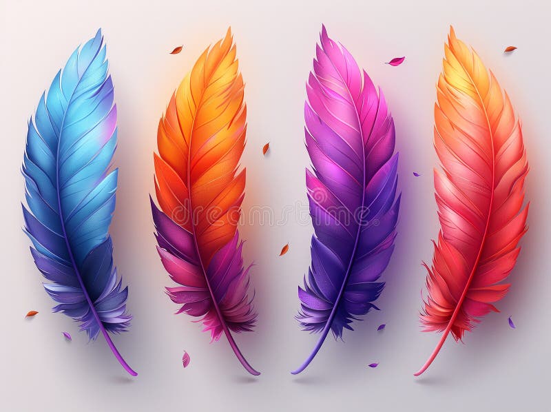 4 Vector Illustration Feather Set, Colorful and Shiny, in the Style of ...