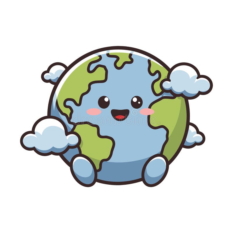 Cute Earth Character with Clouds and Smiling Face Vector Illustration ...