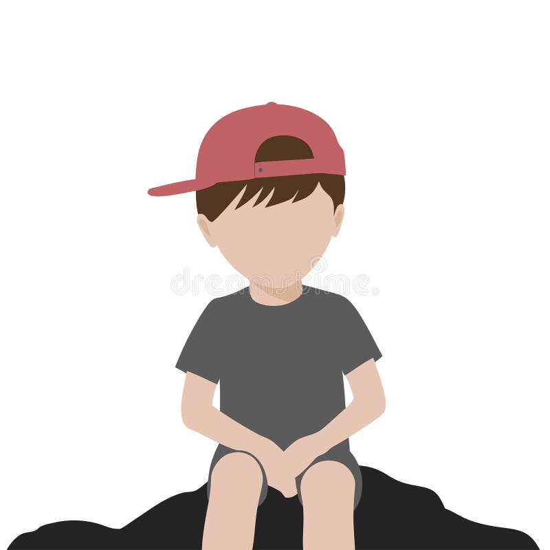 Vector Illustration of Faceless Boy in Red Cap and Dark Outfit Sitting ...