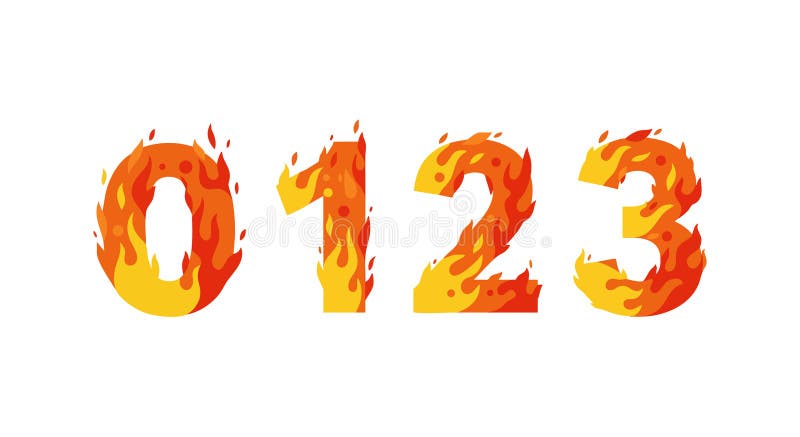 Fiery Numbers Zero One Two Three Vector Illustration with Bright Red ...