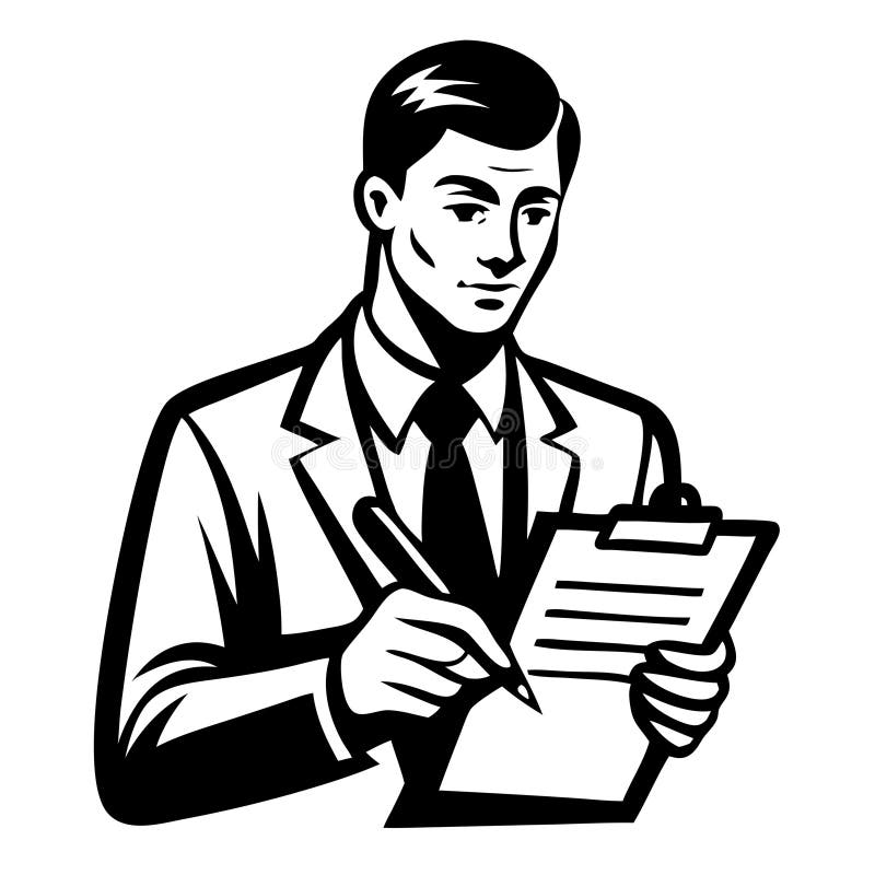 Professional Man Writing on Clipboard in Suit Vector Illustration for ...
