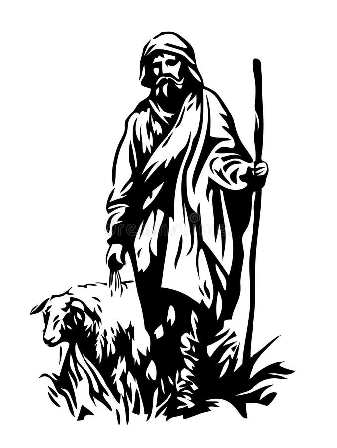 Shepherd with Staff and Sheep Silhouette Vector Illustration for Art ...