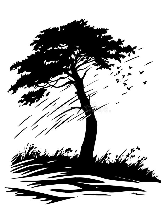 Silhouette of Windswept Tree with Flying Birds Vector for Inspirational ...