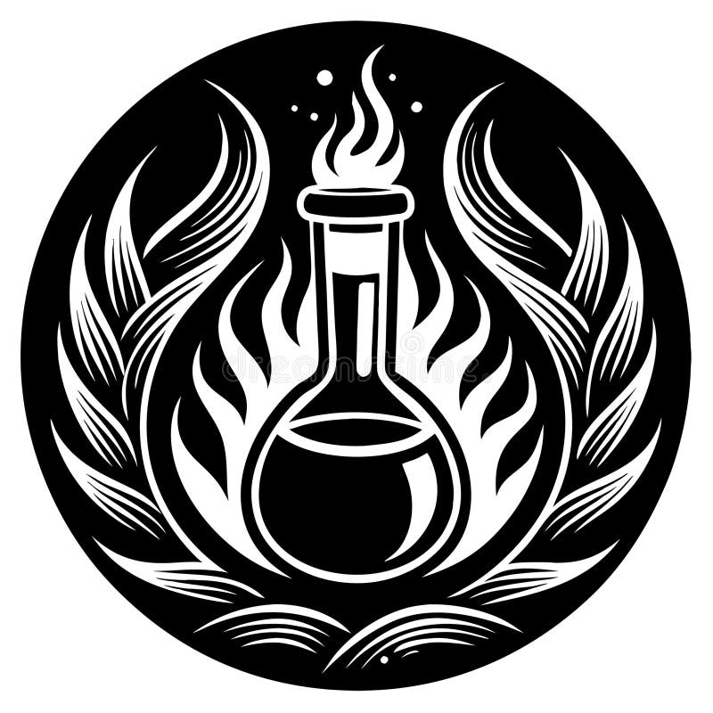 Alchemical Flask with Flames and Laurel Leaves Vector Illustration ...
