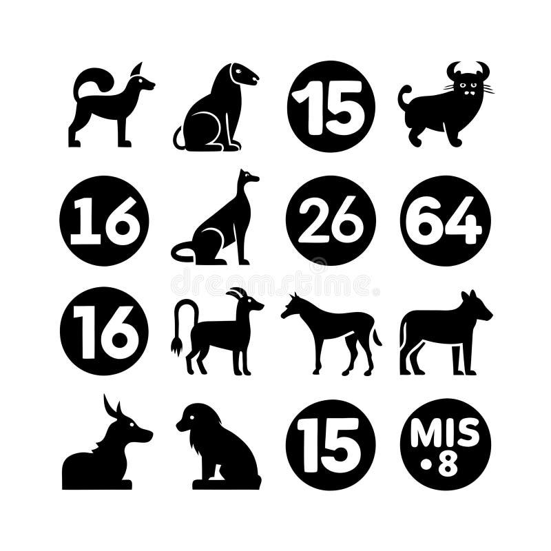 Animal Silhouettes with Numbers in Black and White Vector Illustration ...
