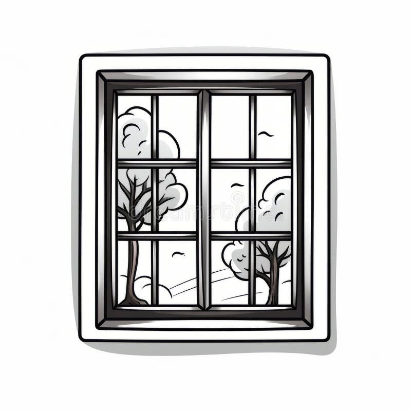 Minimalist Cartoon Window Illustration with Trees Stock Illustration ...