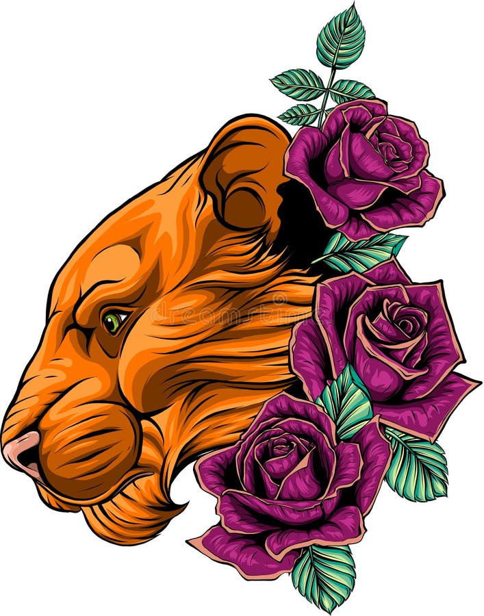 Vector Illustration of Female Lion Head with Roses Stock Vector ...