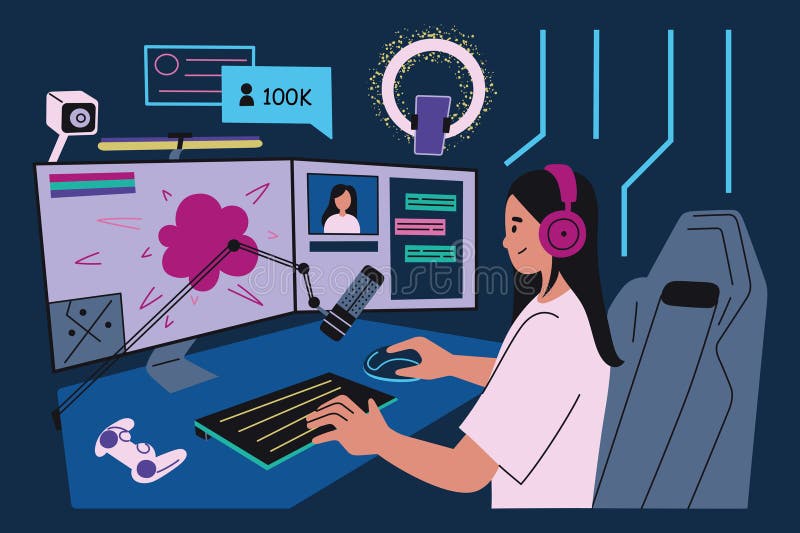 Vector Illustration of Female Streamer at Gaming Desk with Multiple ...