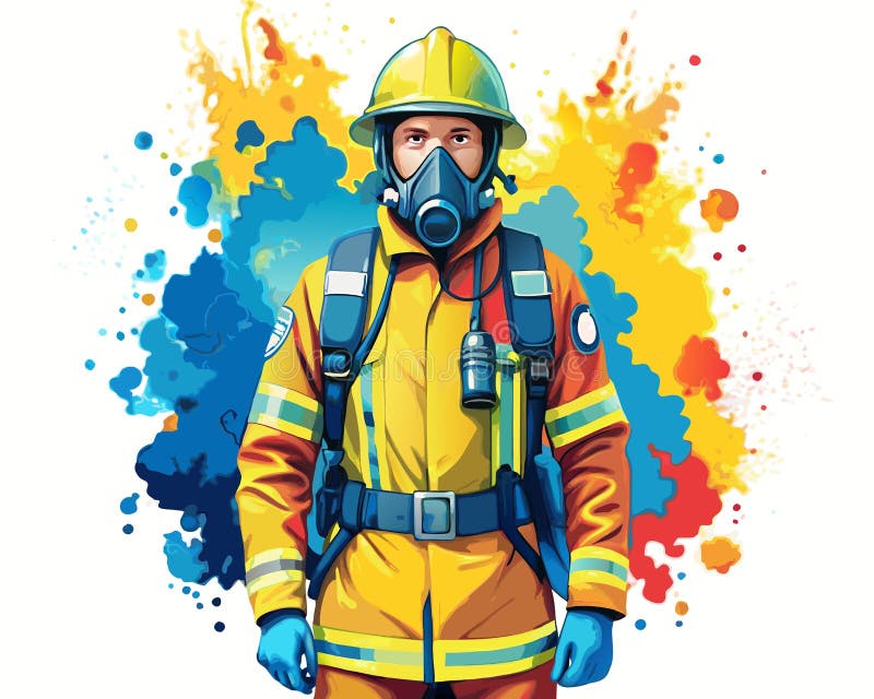 Vector Illustration of Firefighter Wearing Jacket, Helmet, and Gas Mask ...