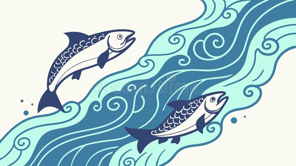 Fish Swimming Upstream in Stylized River, Vector Design Generative AI ...