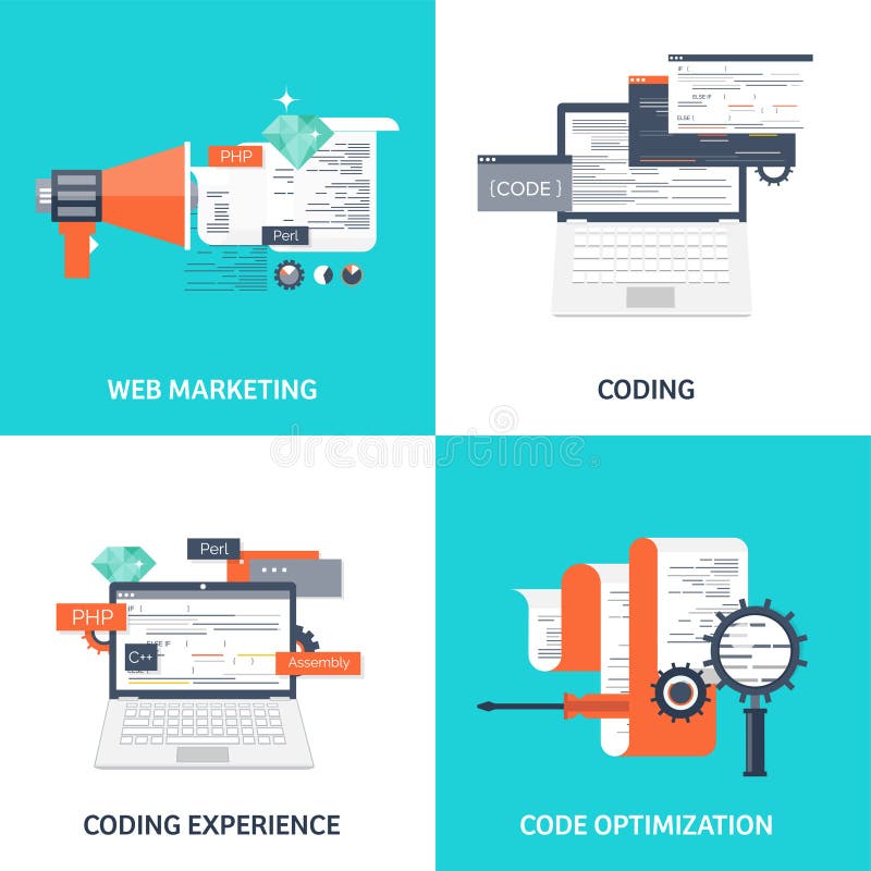 Vector Illustration. Flat Background. Coding, Programming. SEO. Search Engine Optimization Stock ...