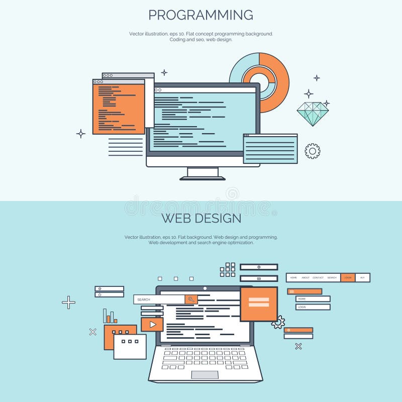 Vector Illustration. Flat Computing Background. Programming,coding. Web Development and Search ...