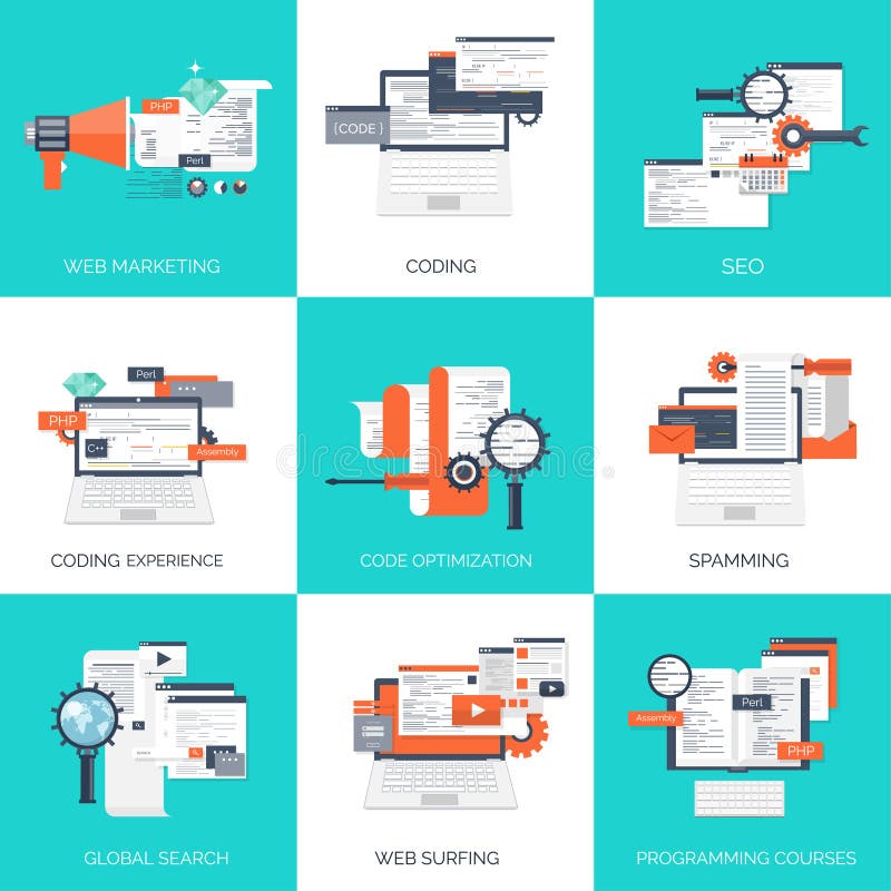 Vector Illustration. Flat Computing Background. Programming,coding. Web Development and Search ...