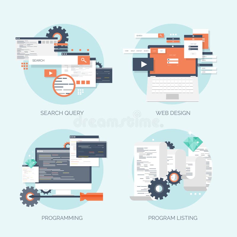Vector Illustration. Flat Computing Background. Programming,coding. Web Development and Search ...
