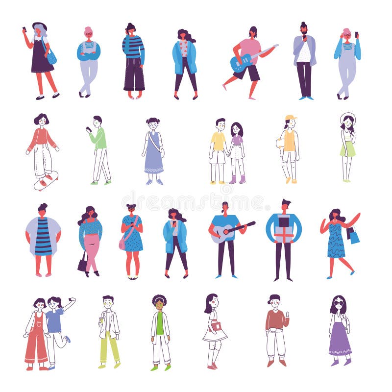 Vector Illustration in Flat Design of Group of People Doing Different ...