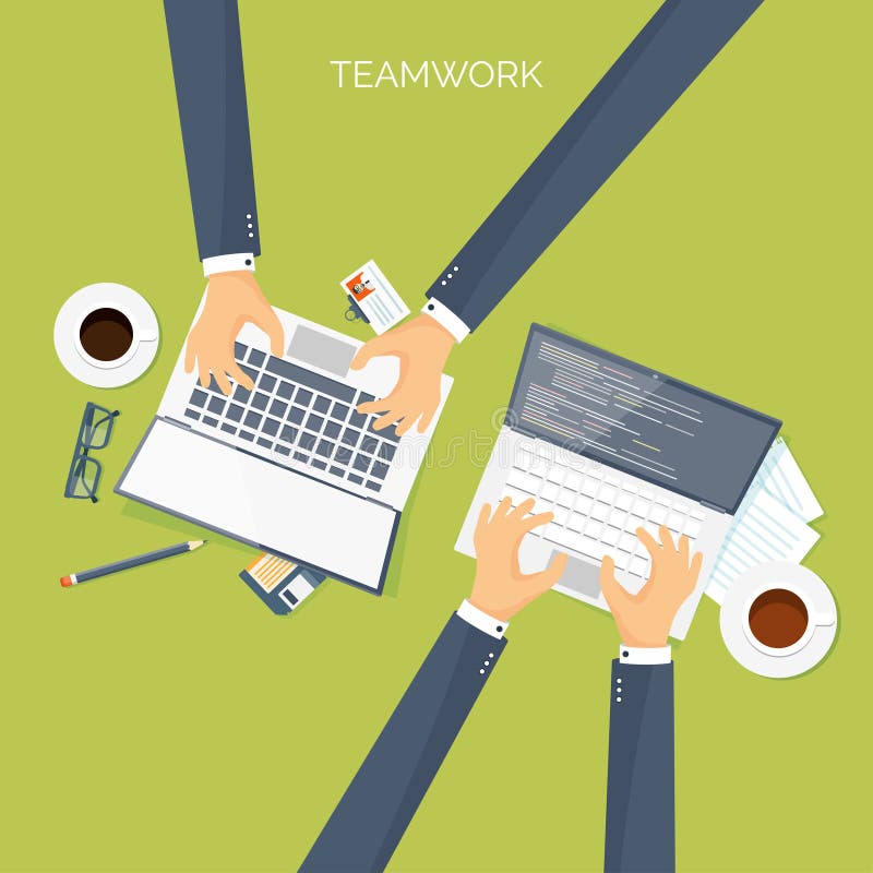 Vector Illustration Flat Header Teamwork Smart Solutions Programming Coding And Web Design
