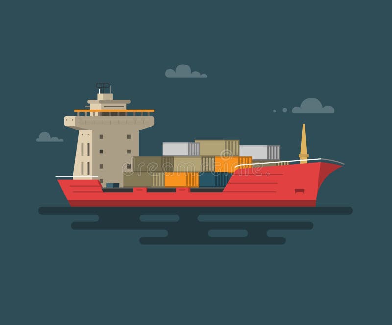 Vector Illustration of Flat Ship Container in the Ocean Transportation ...