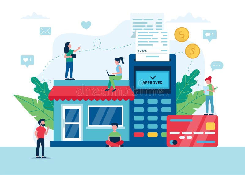 Pay by Card, Using POS Terminal, Shopping Online Concept. Small People ...