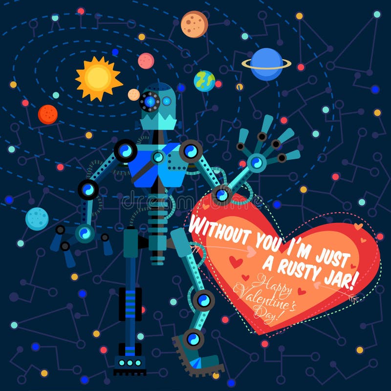 Vector Illustration in Flat Style about Robot. Greeting Card Stock ...