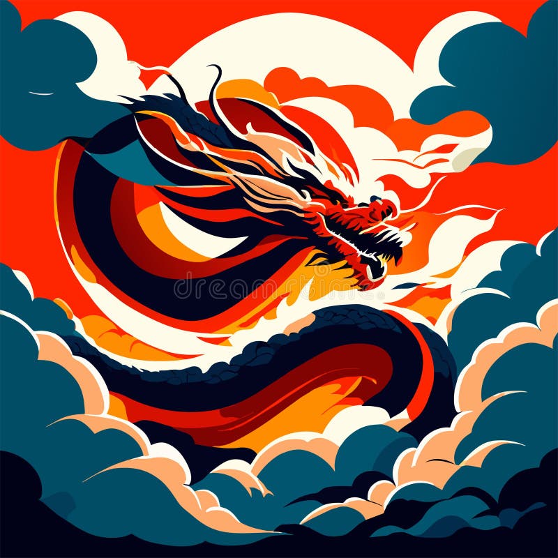 Vector Illustration of a Flying Dragon in the Sky with Clouds and Sun ...