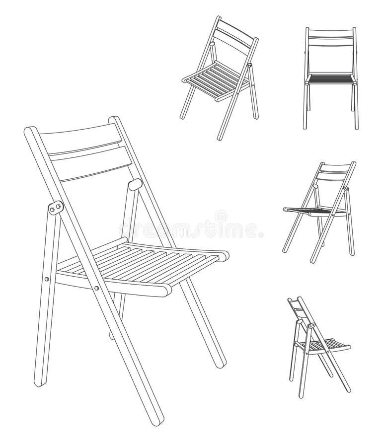 Vector Illustration of Folding Chair with Different Views, Outline ...