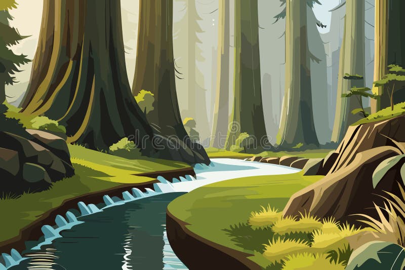 Vector Illustration of a Forest Landscape with a River Flowing through ...